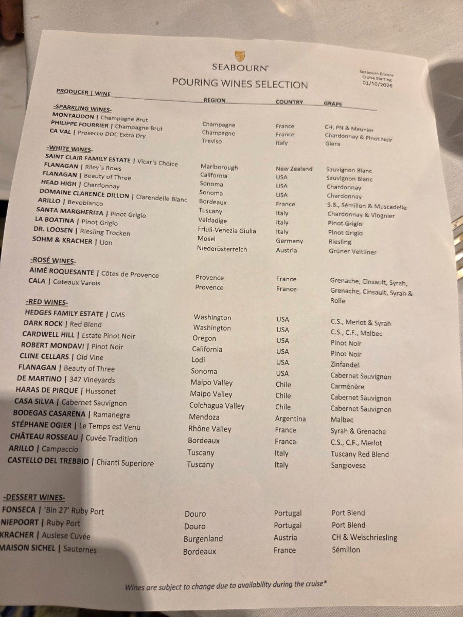 Encore wine list - Seabourn Cruise Line - Cruise Critic Community