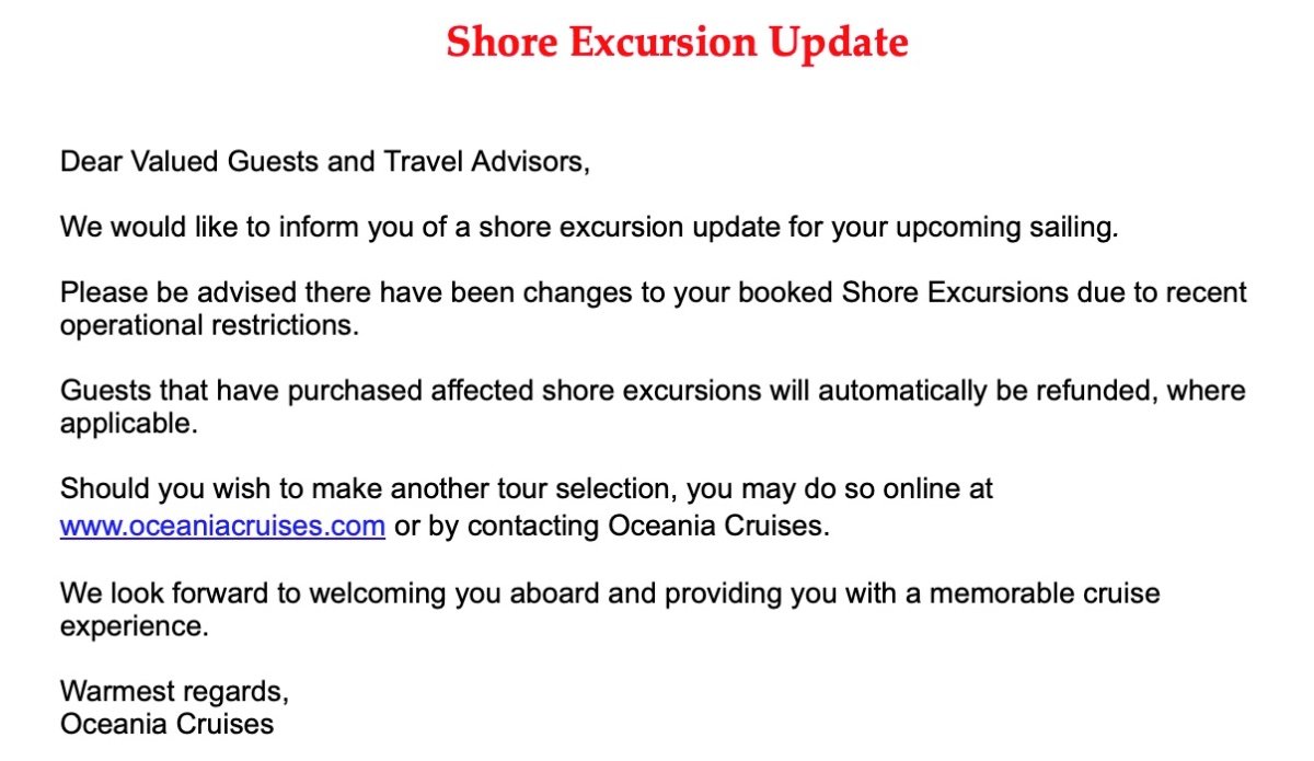 Beware - excursions cancelled pre-cruise. - Oceania Cruises - Cruise ...