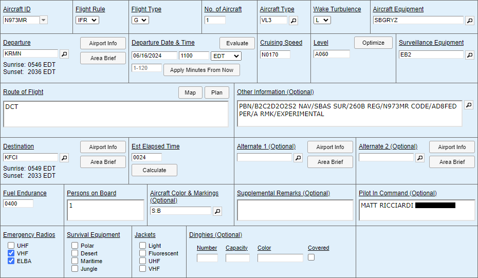 IFR Flight Plan Filing Issue w/ VL3 Type Code - United States - VL3 Flyers