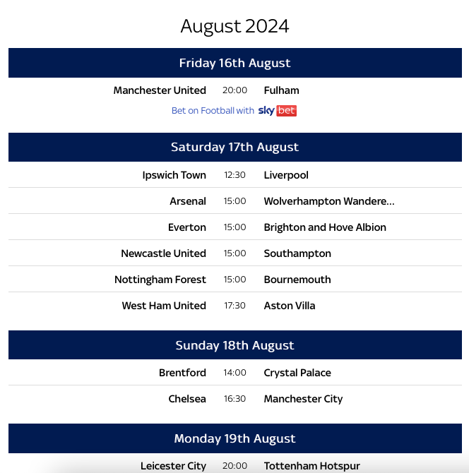 Any one know the first days prem league games? - Football Chat - OTIB ...