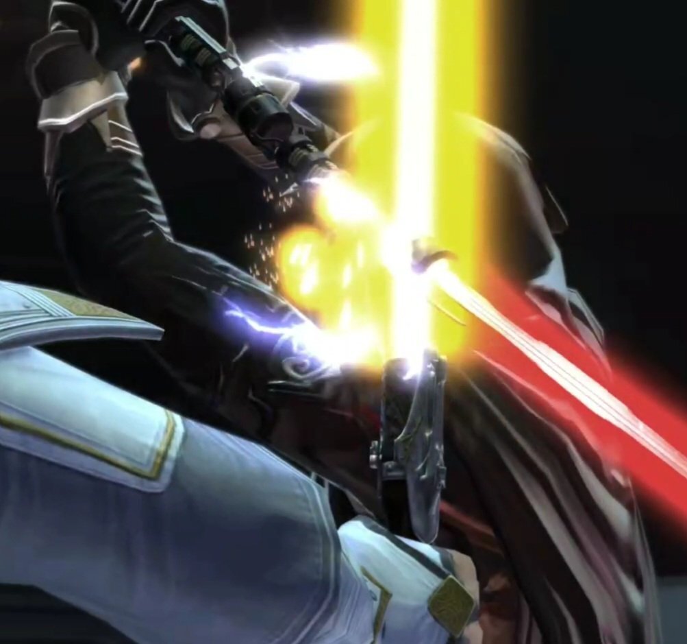 For duel sabers only have one blade active during cut scenes ...
