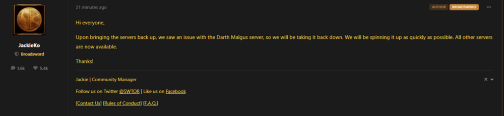 Just logged in and the only server that's not available is Darth Malgus ...