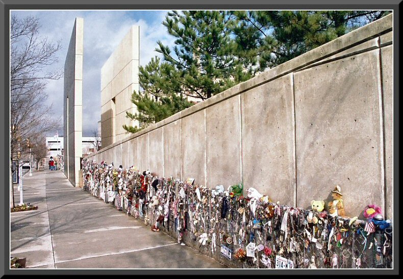 A view of the front of the Murrah Bombing Memorial, including the ...