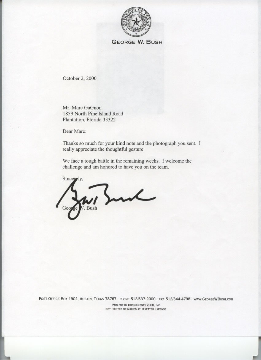 Governor George Bush of Texas sends this letter to Gagnon praising him ...