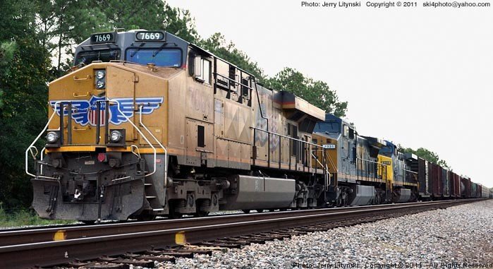 Union Pacific [UP] Engine No. 7669, leading a 3-locomotive consist, in ...