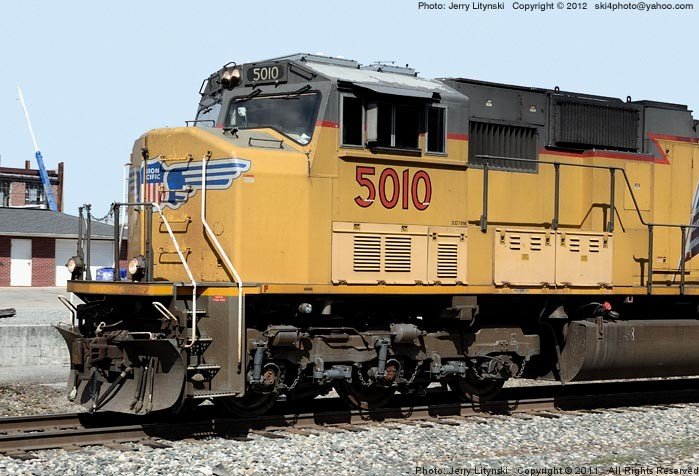 Union Pacific [UP] Engine No. 5010 leading a 3-locomotive consist west ...