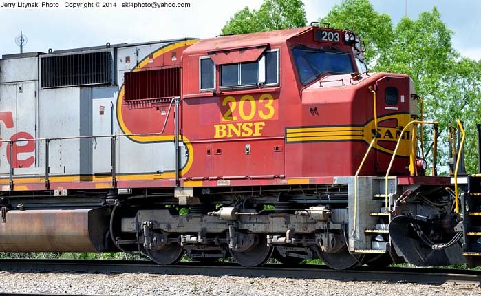 The cab area of BNSF Engine No. 203, a SD75M locomotive, in the Norfolk ...