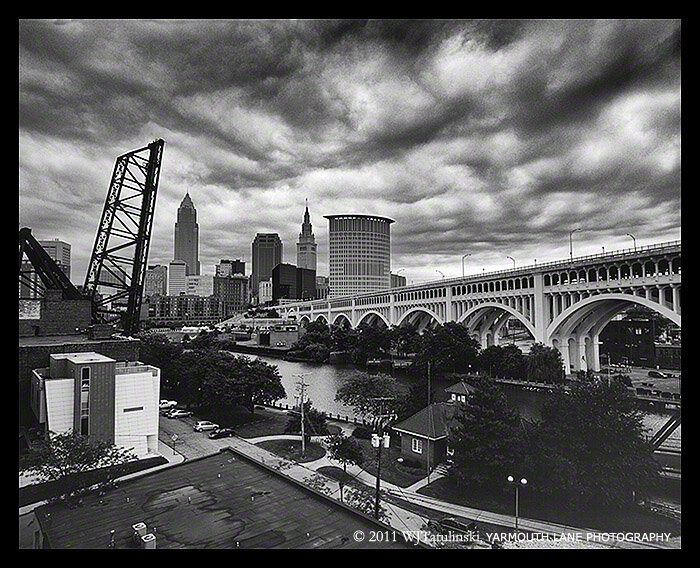 Downtown Cleveland, view from the Old Viaduct across the Cuyahoga River ...