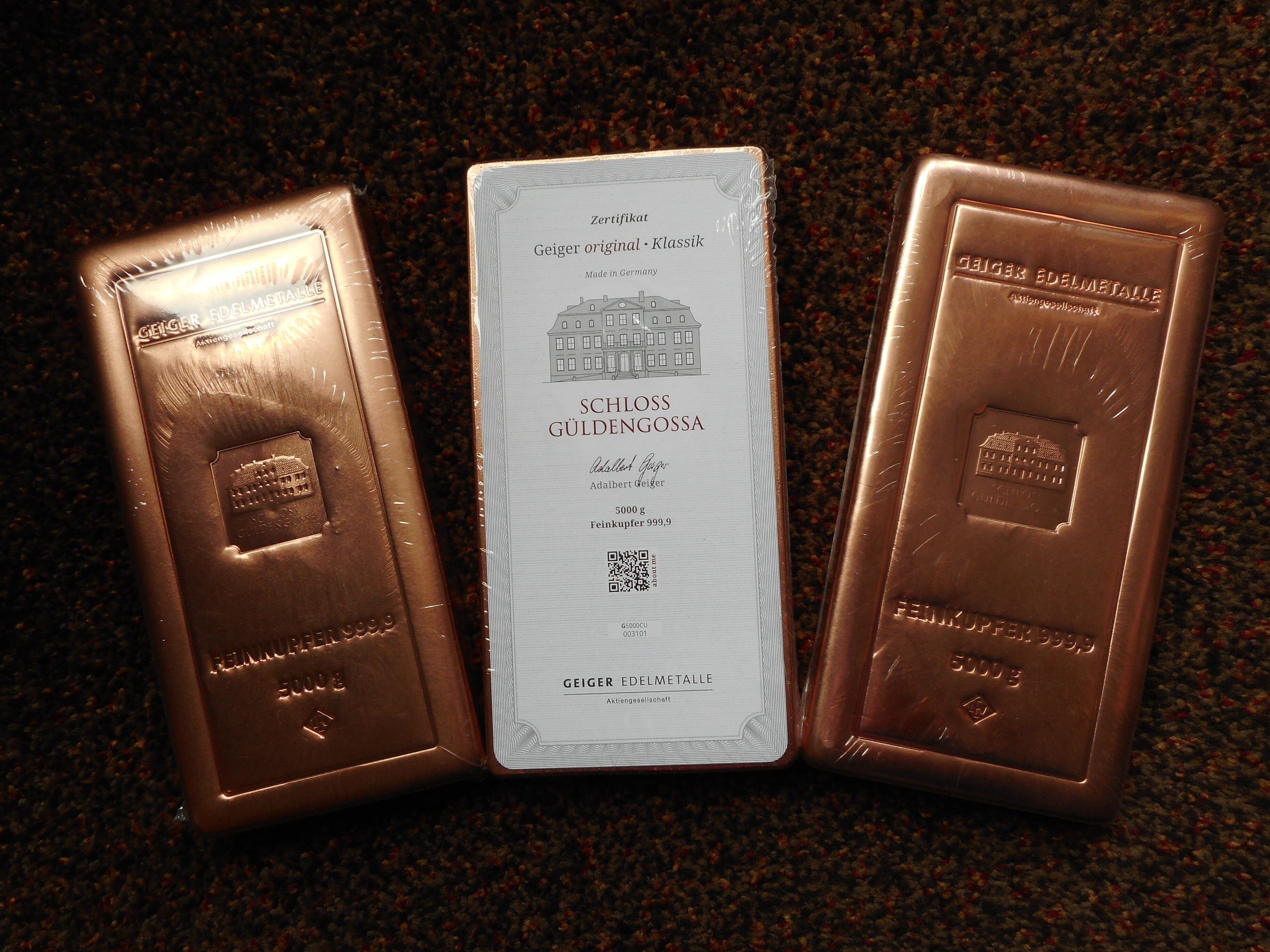 Lovely 5kg Gieger Edalmetalle poured 999.9 copper bars. - All non PM ...
