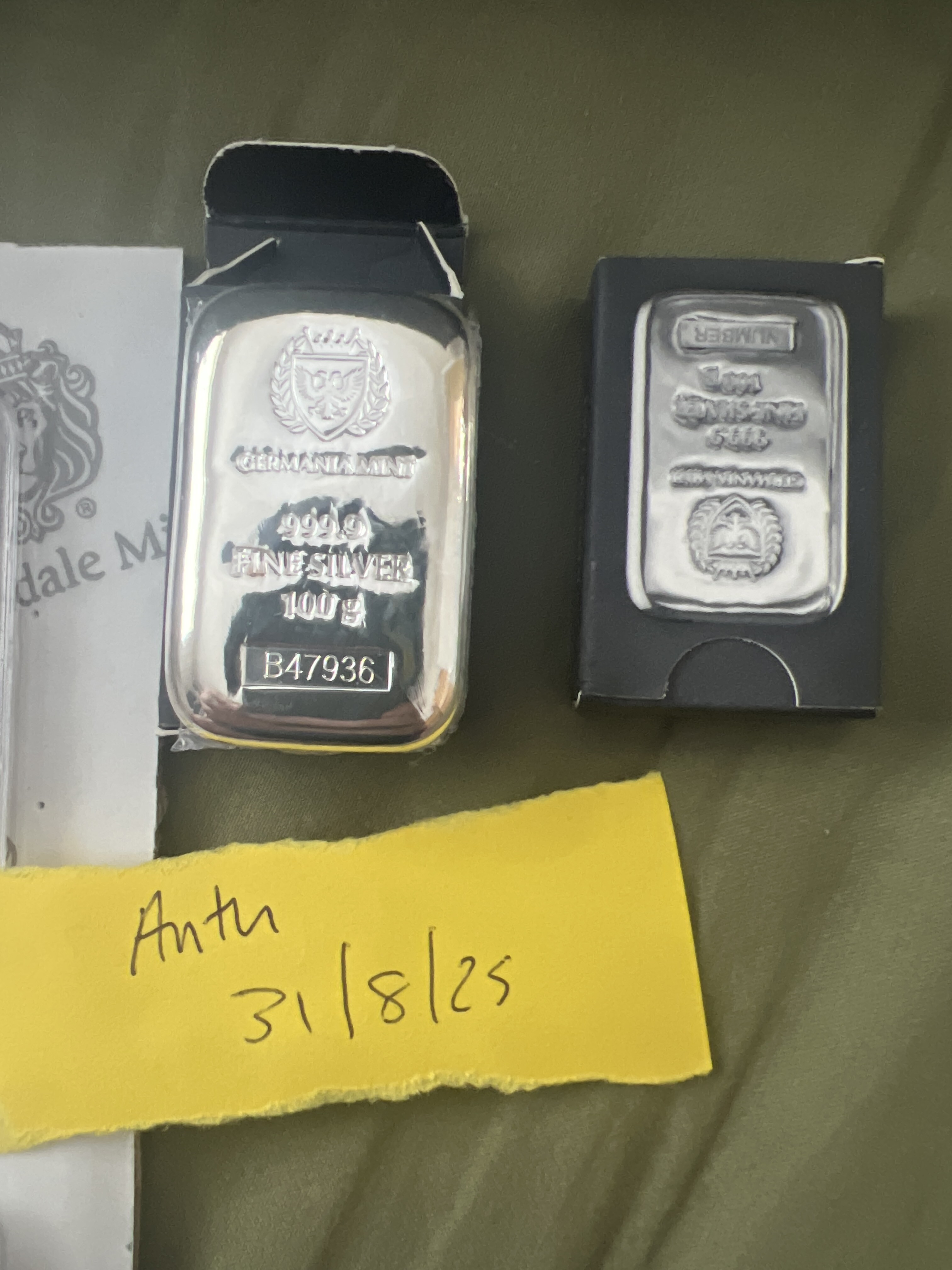 Scottsdale dragon set, Germania 100g bars and 1g Geiger and 5g gold ...