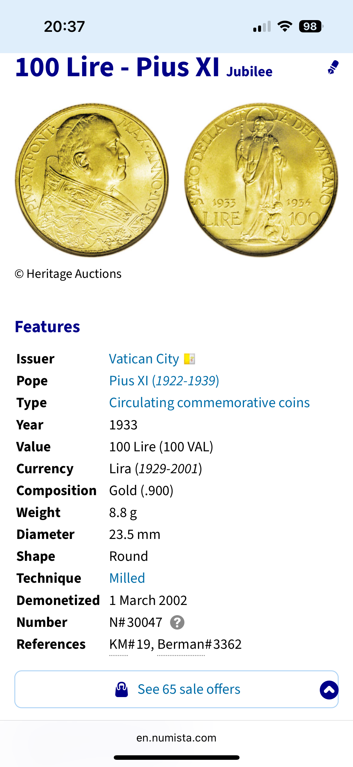 Ultra rare vatican city gold 100 lire 1933 - UK (Ungraded) - The Silver ...