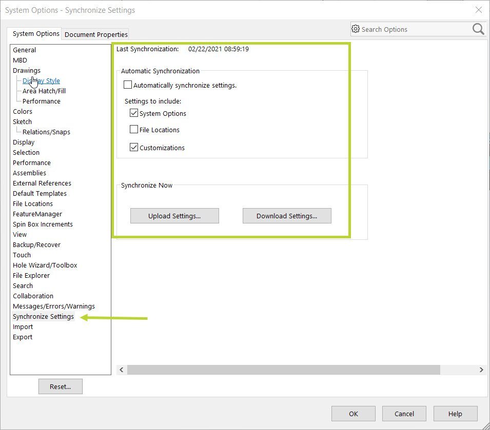 Synchronize settings found in tools->options - SOLIDWORKS CAD ...