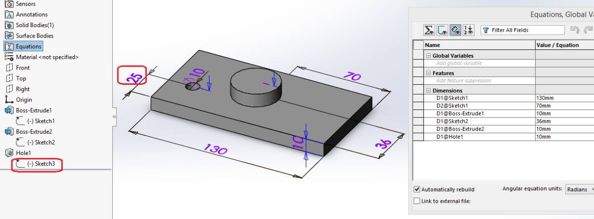Simple Hole sketch dimensions in Equation Manager - SOLIDWORKS CAD ...