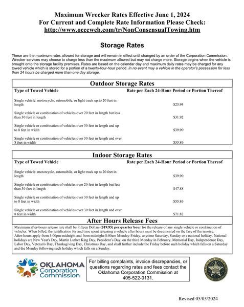 Maximum Wrecker Rates Effective June 1, 2024 - Oklahoma - TowForce.net