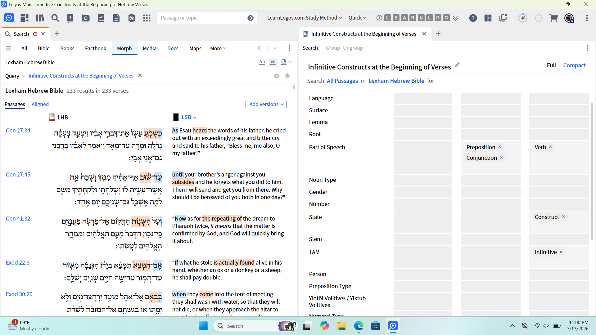 How to search for all infinitive construct forms that occur at the ...