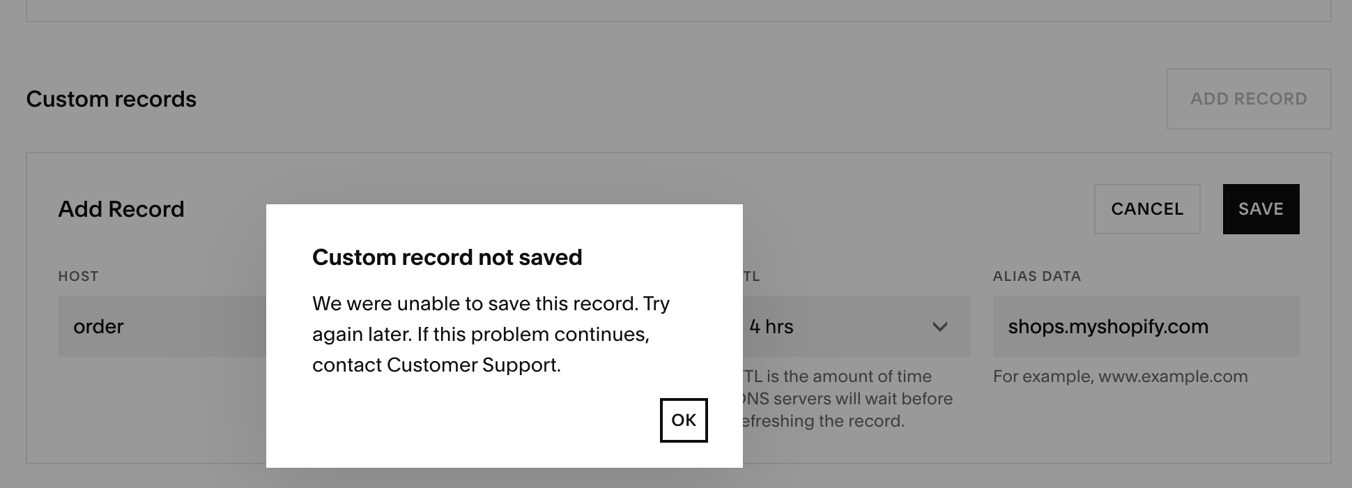 "Custom record not saved We were unable to save this record because it ...