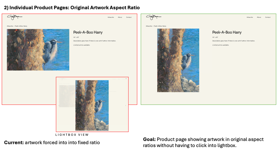 Need help displaying original artwork ratios + adding ‘Inquire’ button ...