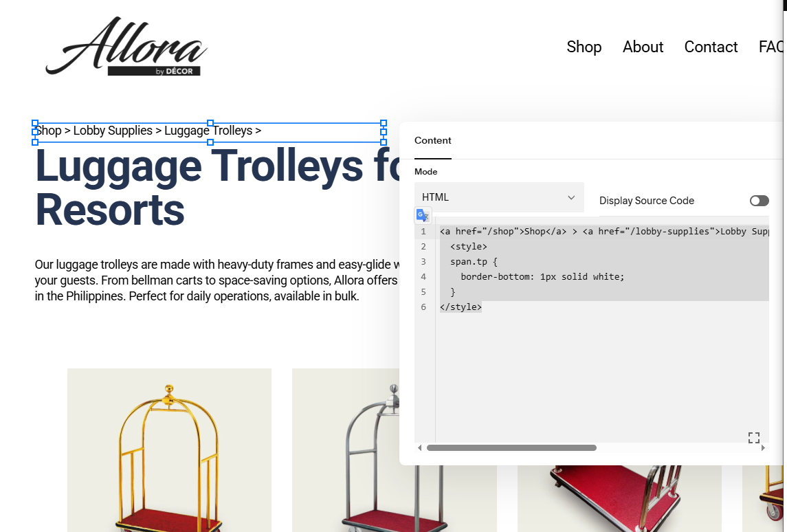 How to add code block hover, text color change (breadcrumb menu ...