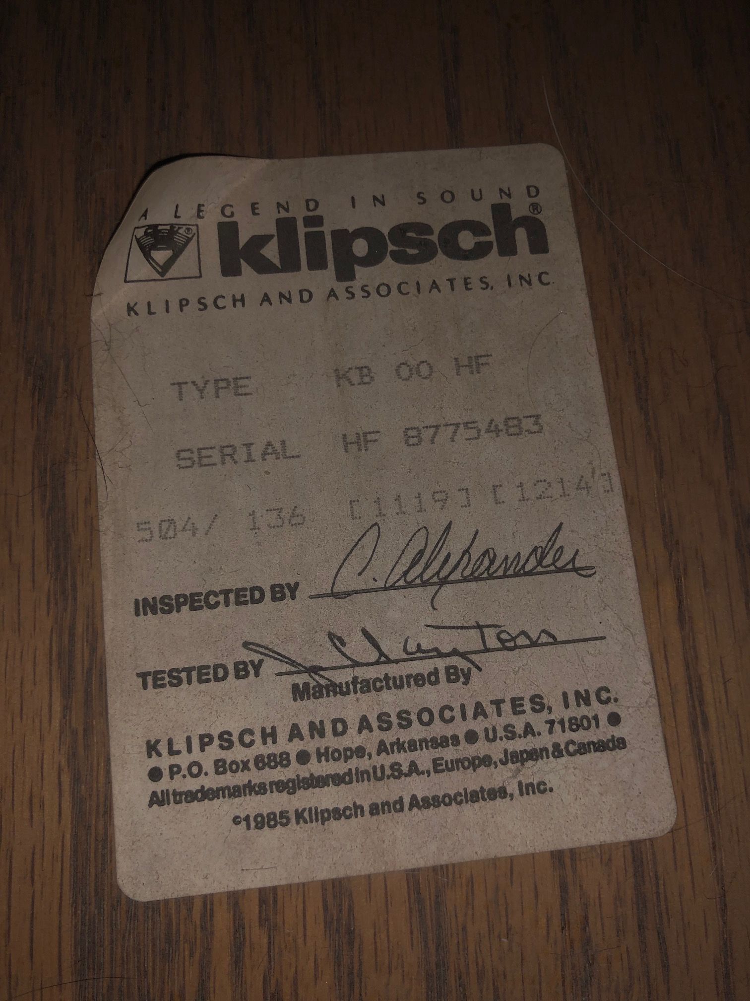 Type and Serial number but which ones? - General Klipsch Info - The ...