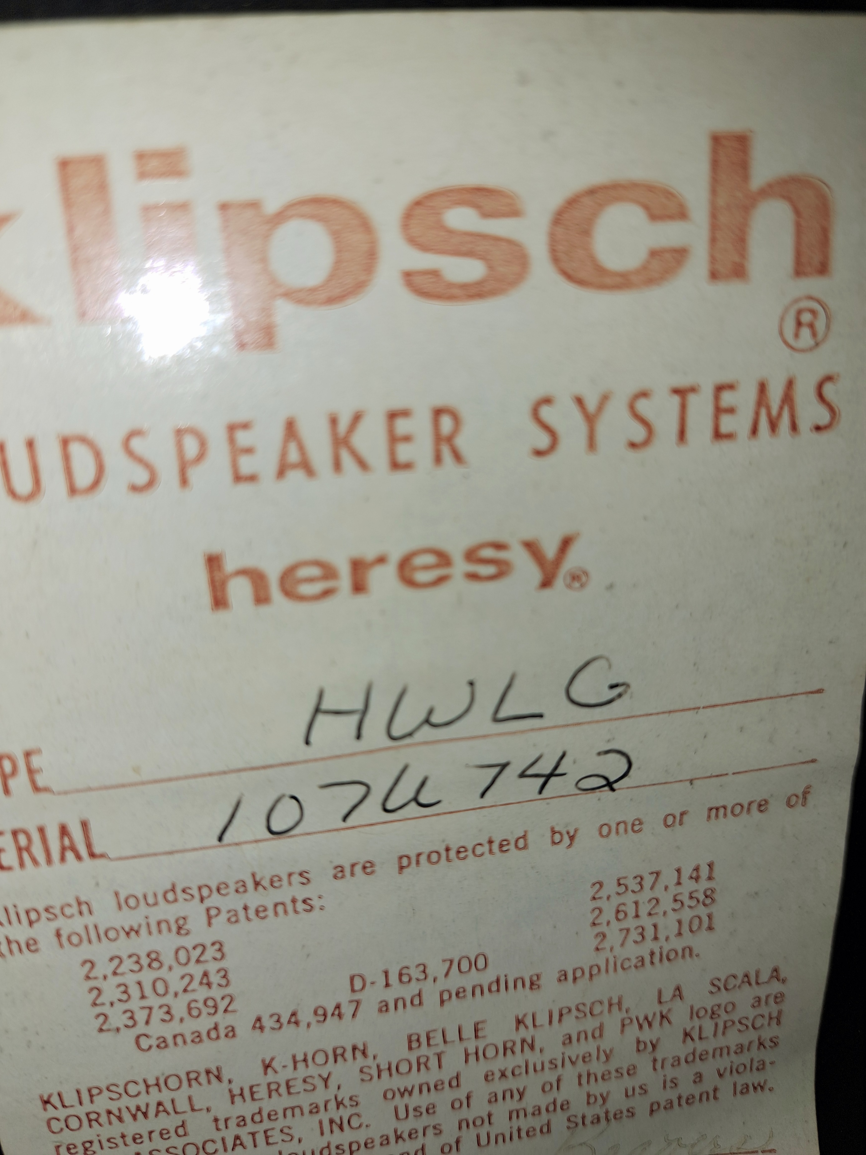 Heresy finish code HWLG - Ask the Historian - The Klipsch Audio Community