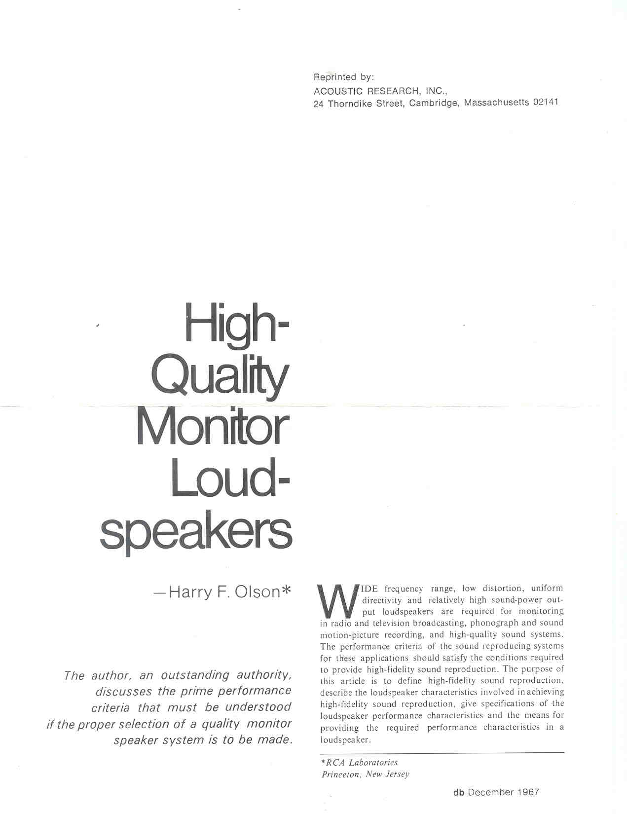 Reprint paper by Harry F Olson - Acoustic Research - The Classic ...