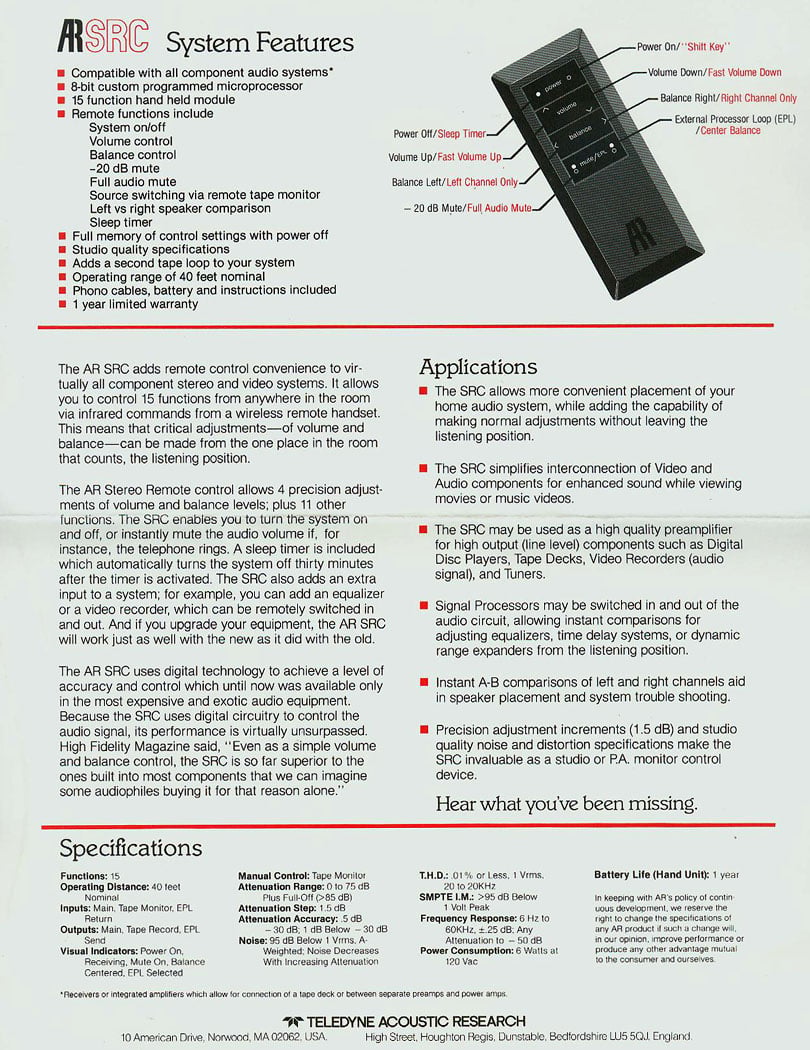 AR Remote Control - Acoustic Research - The Classic Speaker Pages ...