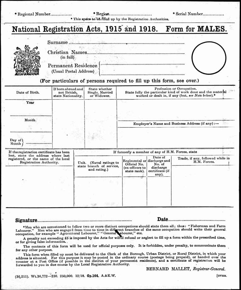 national registration act - Other Great War Chat - The Great War (1914 ...