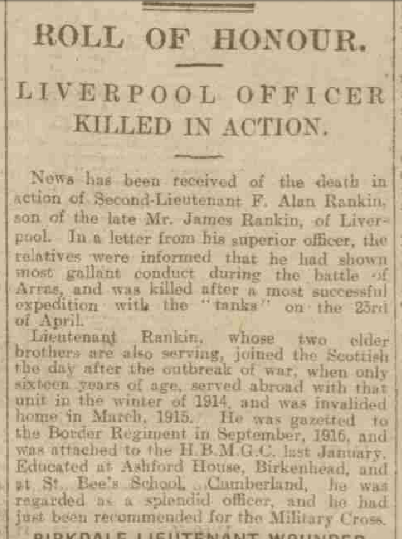 Lt Frederick Alan Rankin Border Regiment- CWGC has him as just Frederic ...