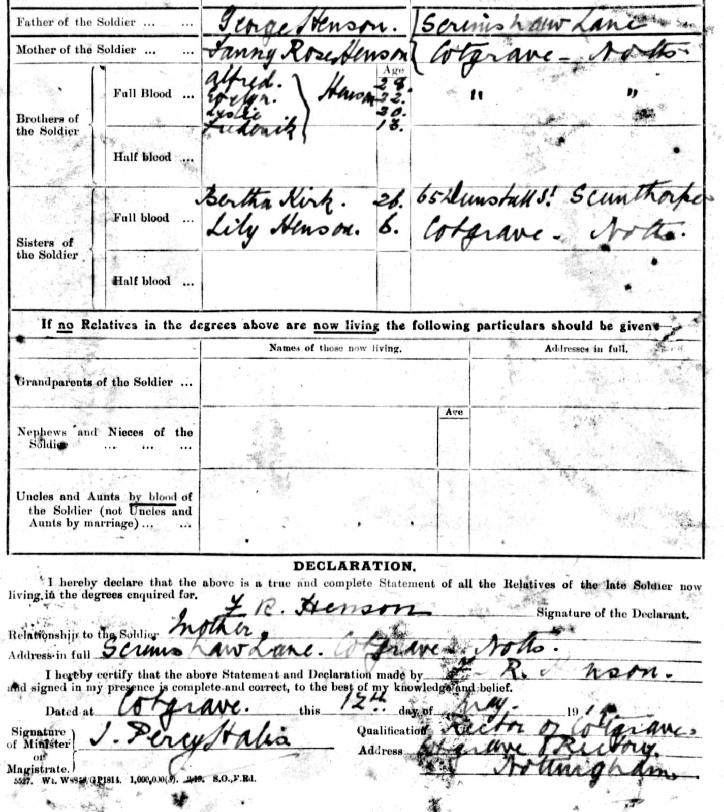 Pte Sidney Henson No. 4702 1/7th Bn Duke of Wellington's Regiment ...