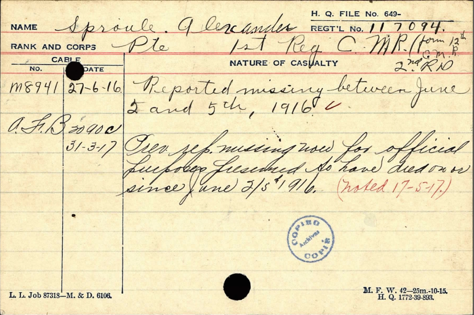 Pte. Alexander Gordon Sproule, 1 Canadian Mounted Rifles no. 117094 ...