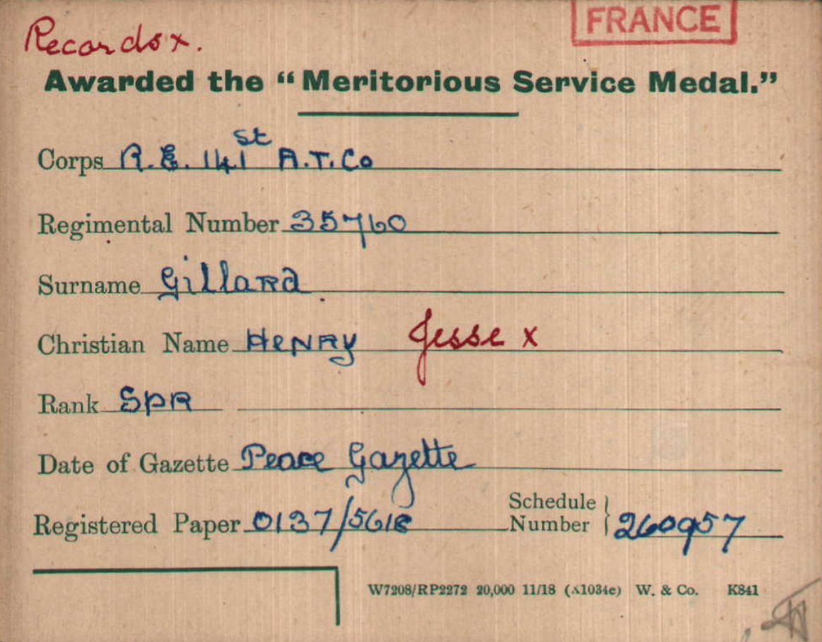 Sapper Henry Jesse Gillard MSM, 35760, 141 Army Troop Co., RE ...