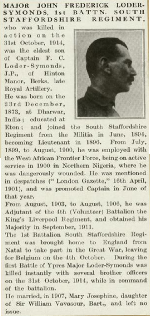 Death of Major John Loder-Symonds 31 Oct 1914 - Soldiers and their ...