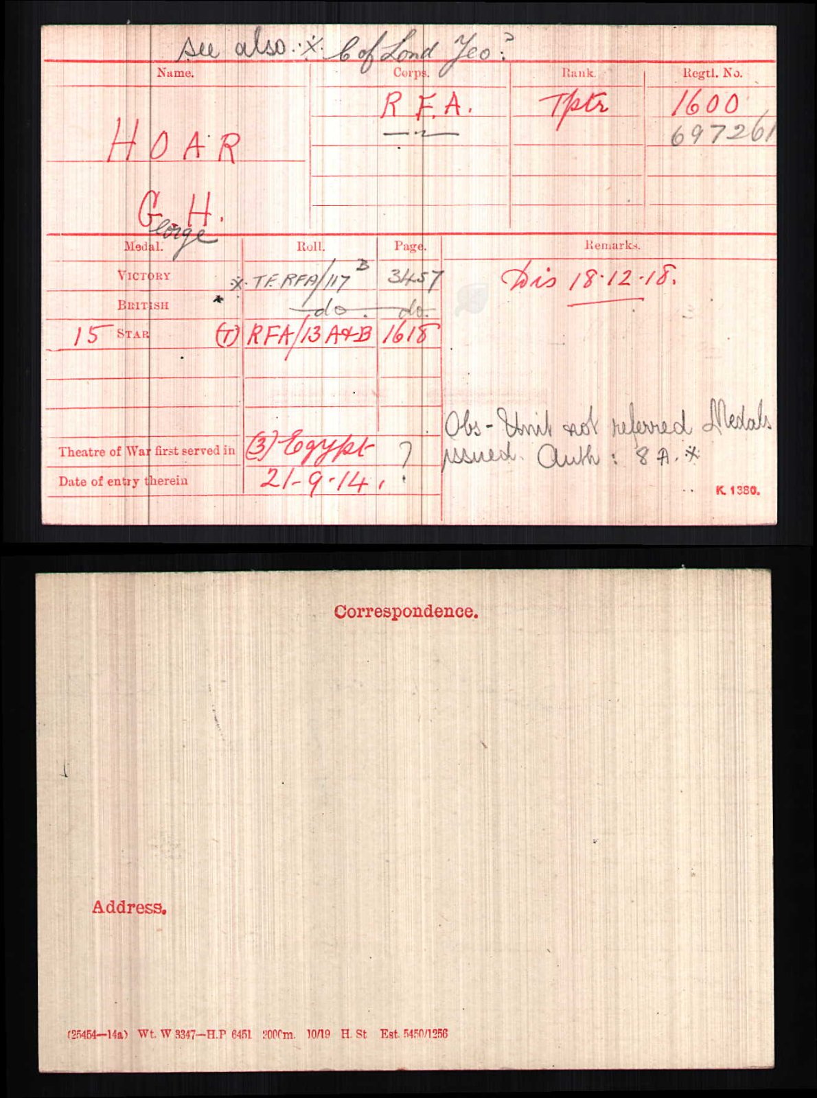 Help finding service record of George H Hoar (medal card attached ...