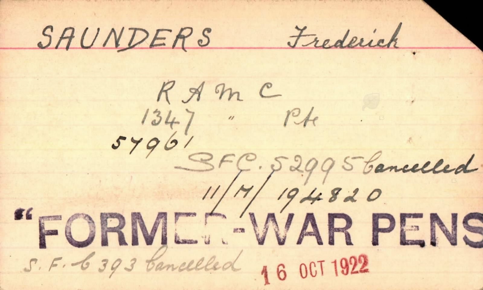 Fred Saunders RAMC 1347/57961Pension card help - Soldiers and their ...
