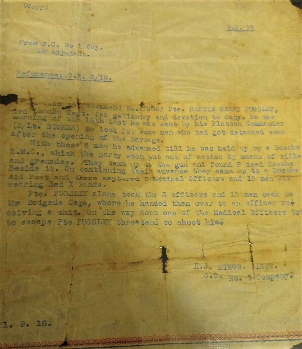 Pte. Bertie Henry Pugsley MM , 278023 3rd London Regt. (MM Citation for ...