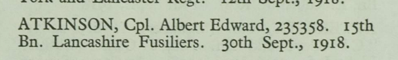 235358 Corporal Albert Edward Atkinson KIA 10th or 30th September 1918 ...