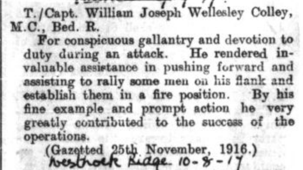 Lt W W Colley M.C.& Bar - Soldiers and their units - The Great War ...
