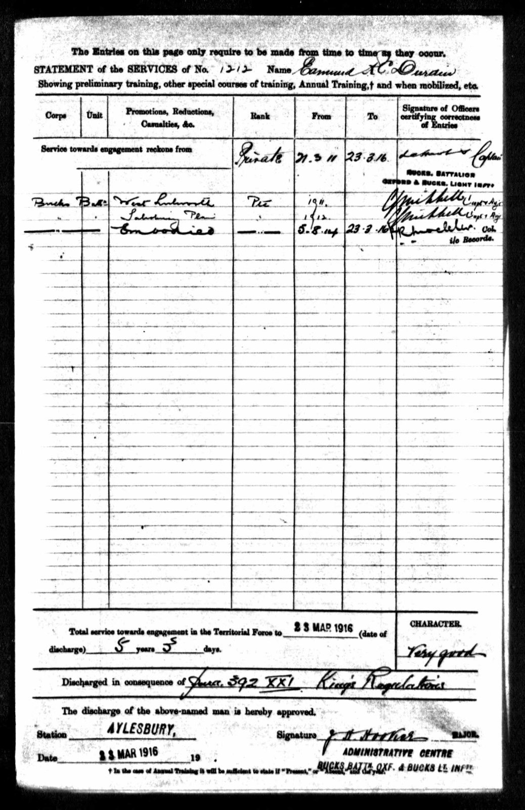 Edmund Raymond Charles Durdin/ Bucks Battalion 1911-16 no 1212 ...