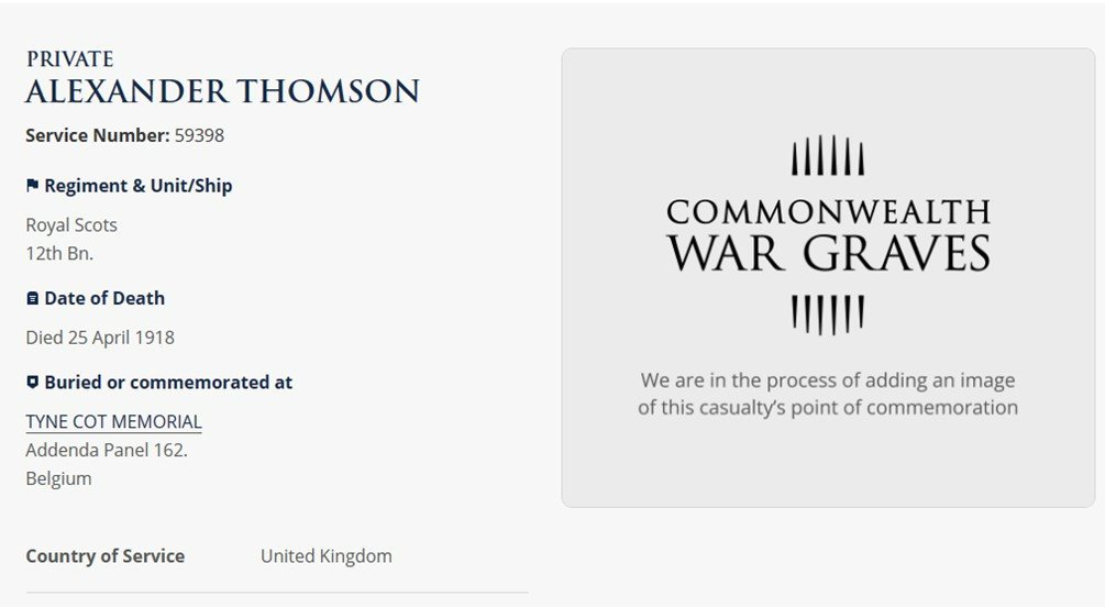 Private Alexander Thomson, 12th Bn Royal Scots, Tyne Cot Memorial ...