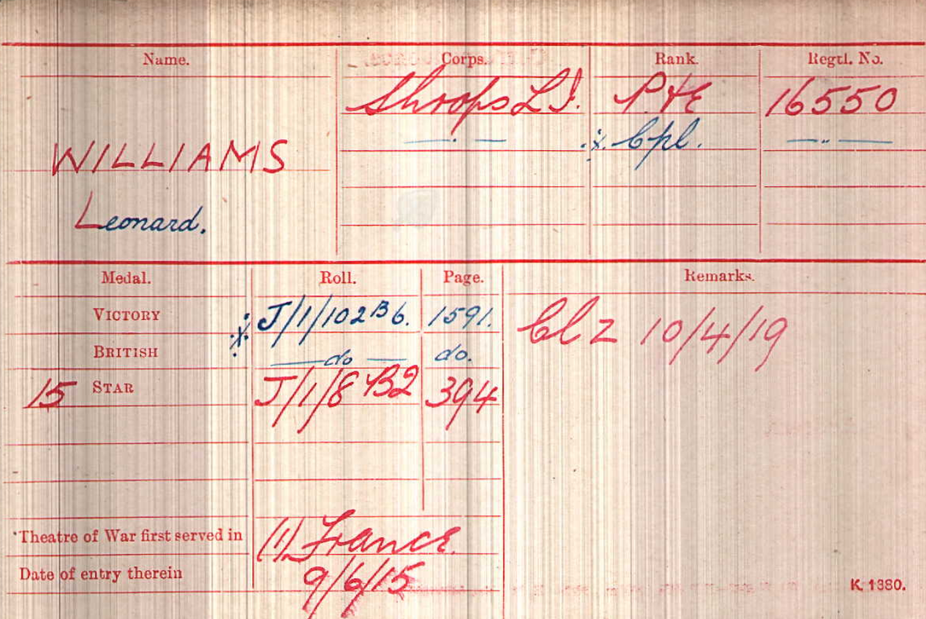Pte. Leonard Williams 16550, Shropshire Light Infantry - Soldiers and ...