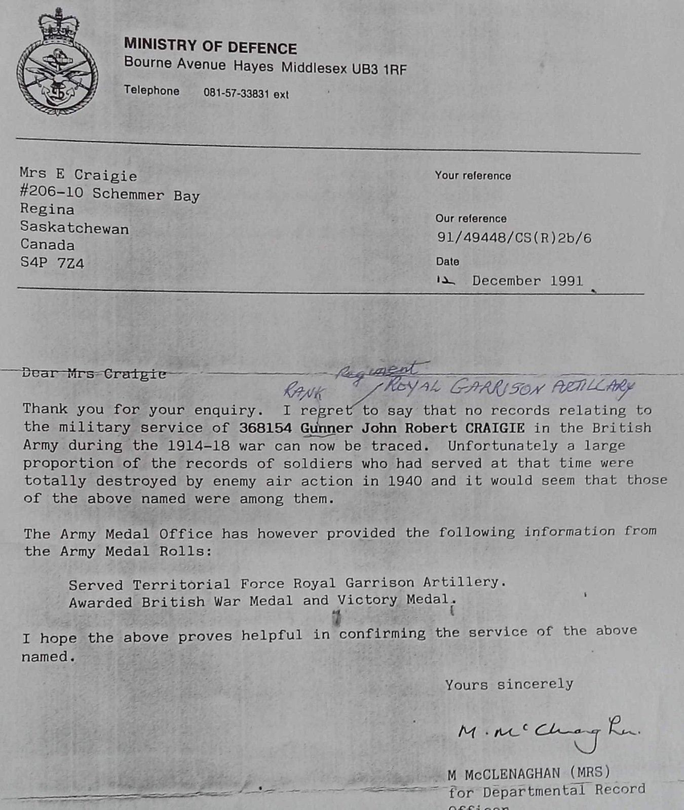 Gnr 368154 John Robert Craigie Royal Garrison Artillery (Orkney ...