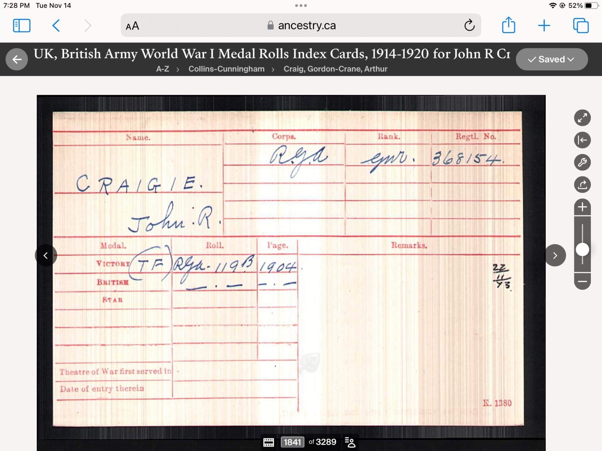 Gnr 368154 John Robert Craigie Royal Garrison Artillery (Orkney ...