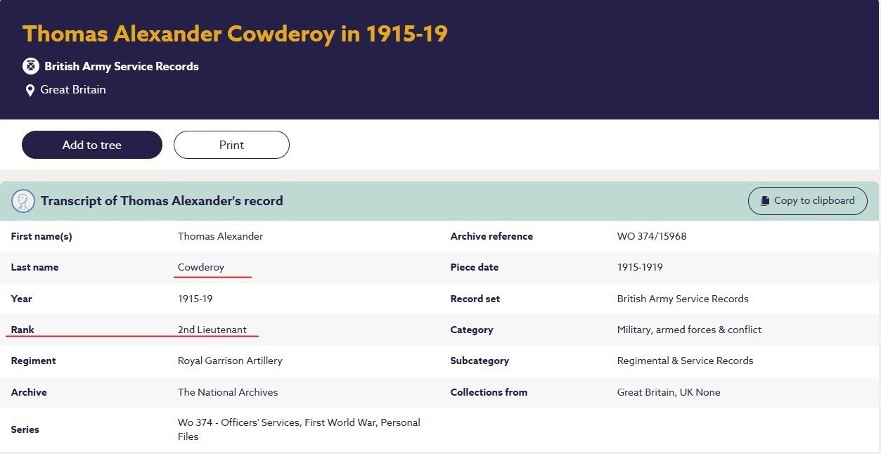 T A Cowderoy - Soldiers and their units - The Great War (1914-1918) Forum