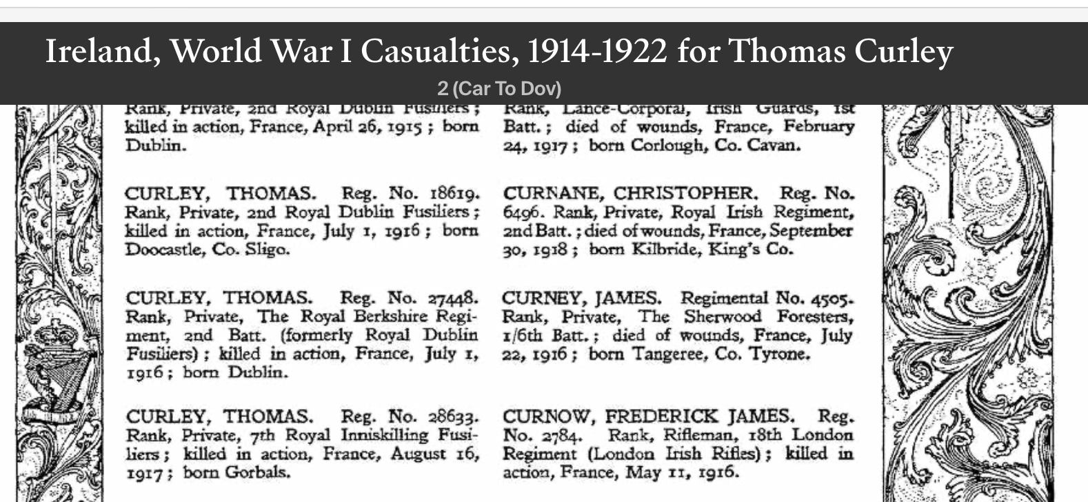 Pte 277 Thomas Curley, A Company 11th Cyclist Battalion, transferred to ...
