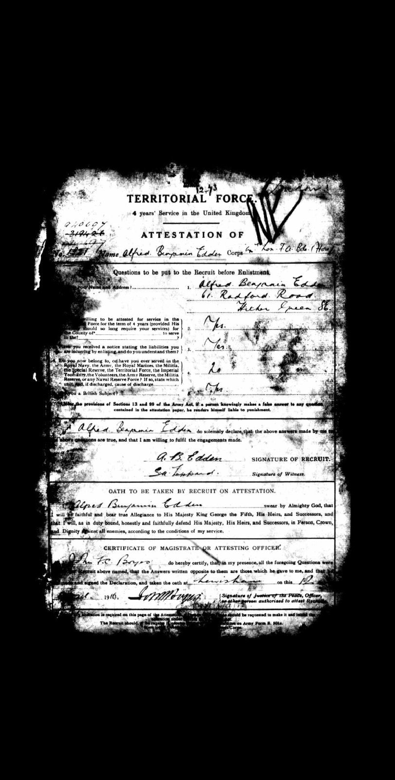 Alfred Benjamin Edden War Record Help Interpreting - Interpreting ...