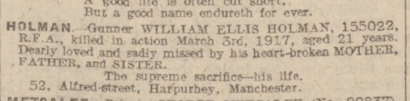 Gnr 155022 William Ellis Holman, ‘D’ Bty, 83rd Bde. RFA. KiA 03/03/1917 ...