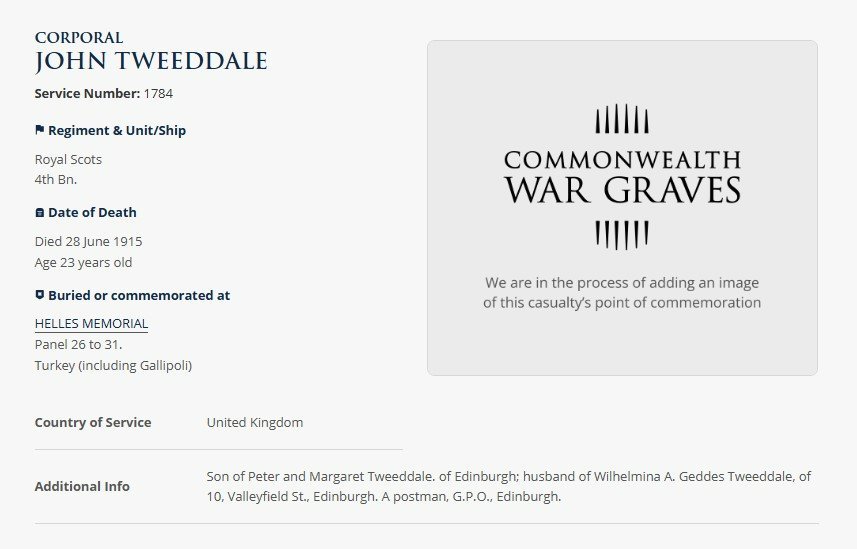 1784, Corporal John Tweeddale, 4th Bn Royal Scots, killed in Gallipoli ...