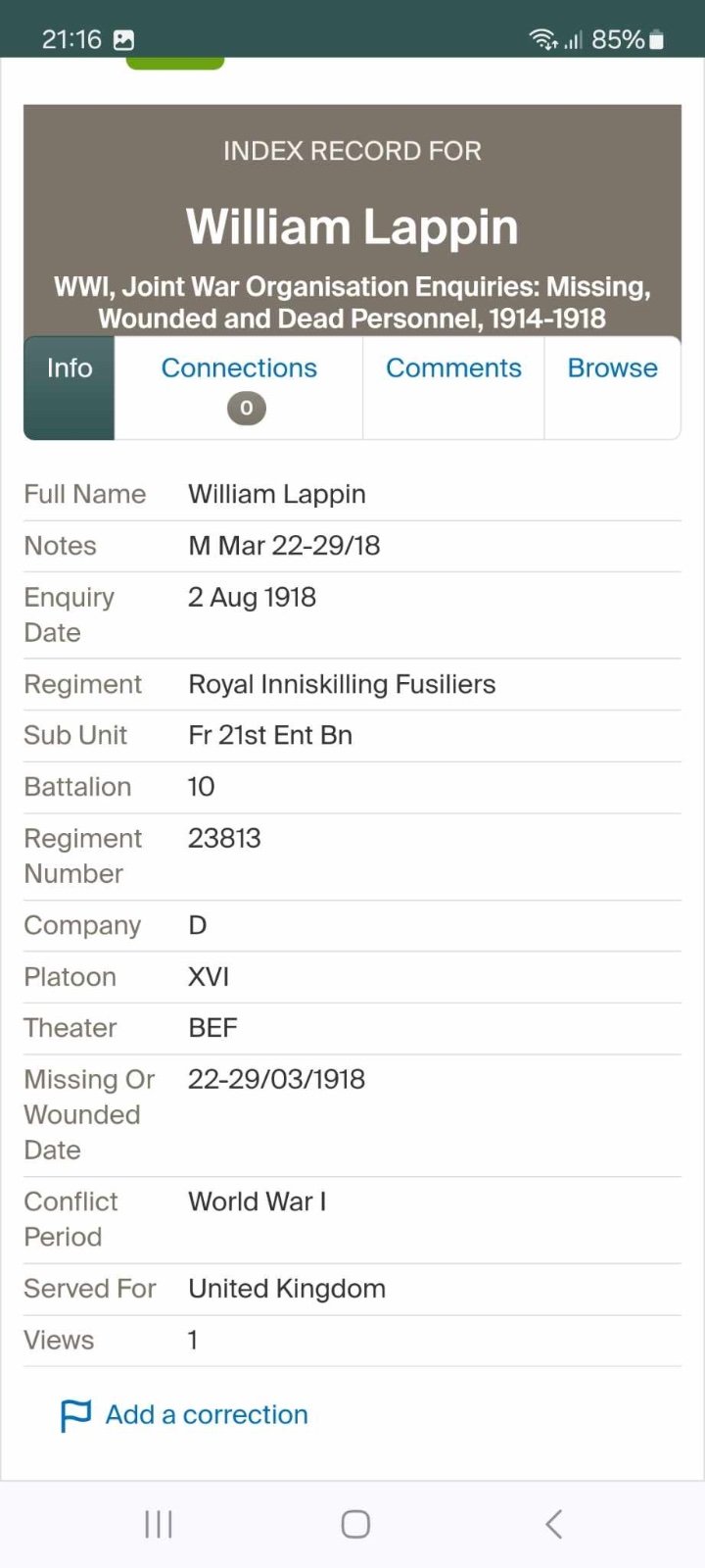 Pte William Lappin, Royal Inniskilling Fusiliers. Fell during March ...