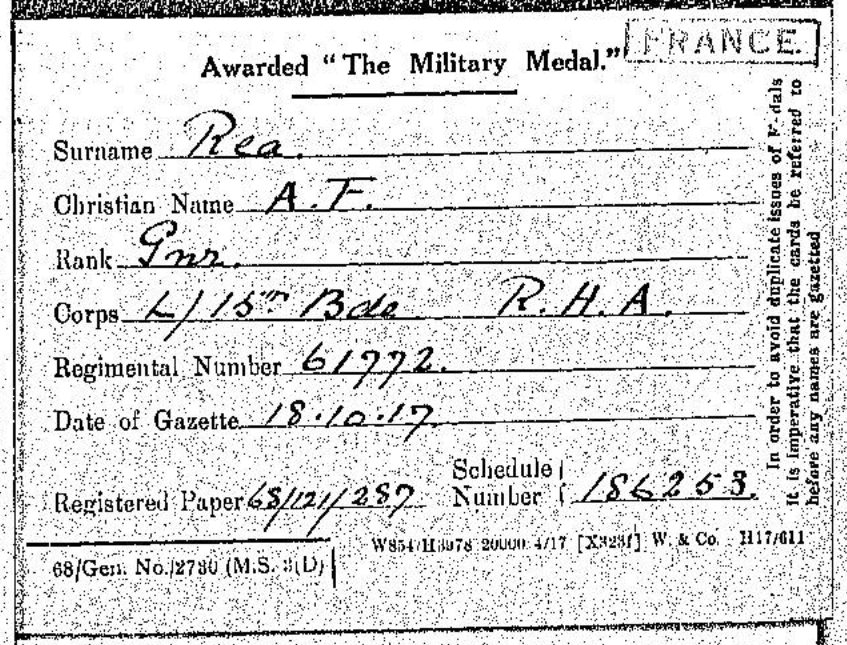 Bombardier 61772 Alfred Edward Rea, L/15th Bde Royal Horse Artillery ...