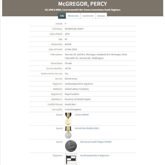 34719 Pte Percy McGregor Royal Fusiliers and Northamptonshire Regiment ...